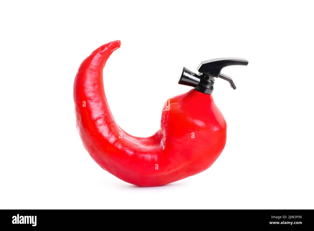 Fire extinguisher blended with a crooked red chili pepper on white ...