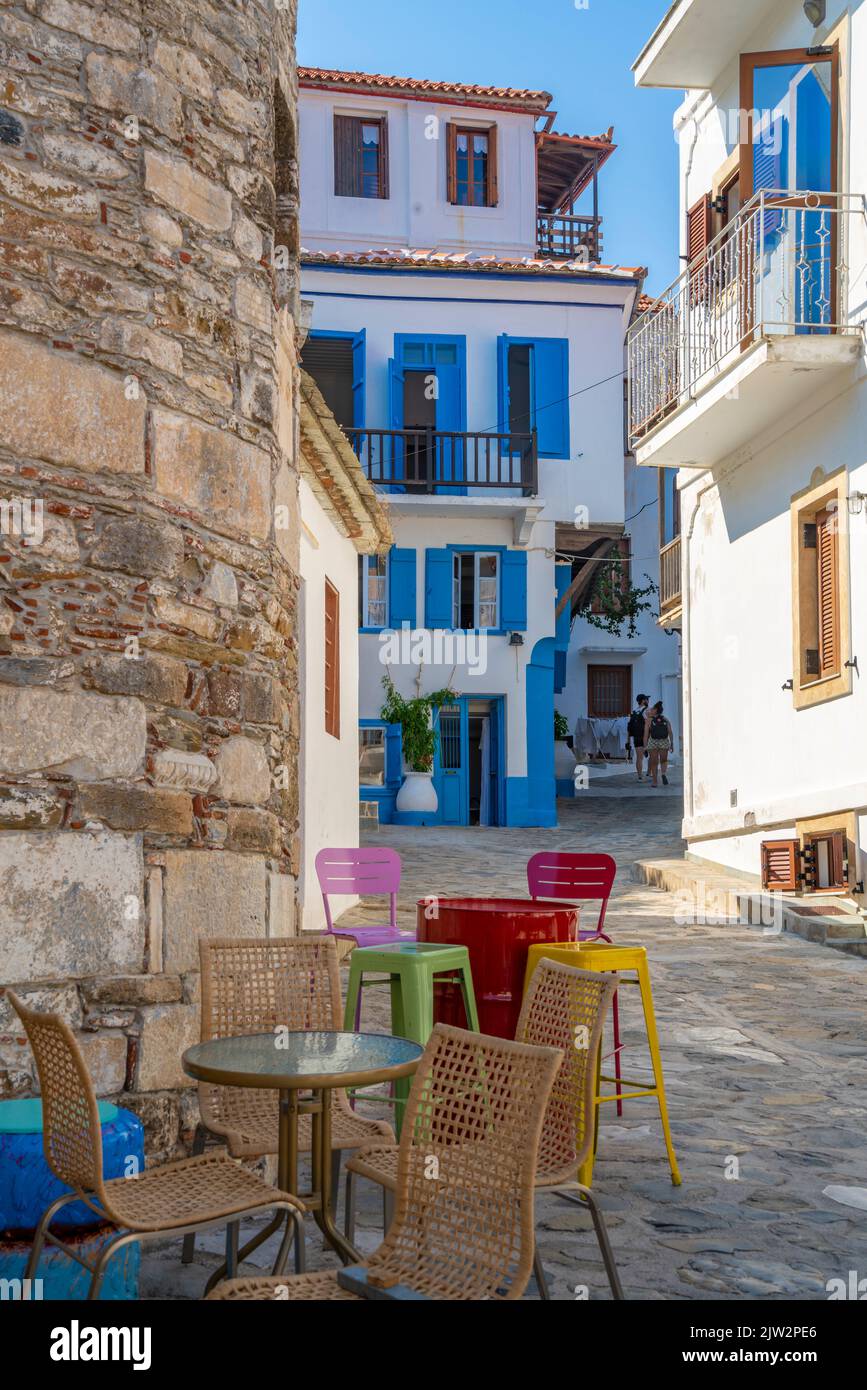 View of shops in narrow street, Skopelos Town, Skopelos Island ...