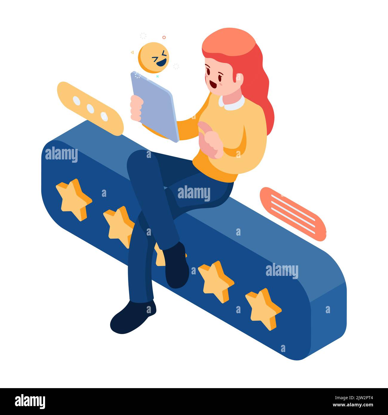 Flat 3d Isometric Woman Customer Giving a Five Star Rating. Customer Feedback Concept Stock ...