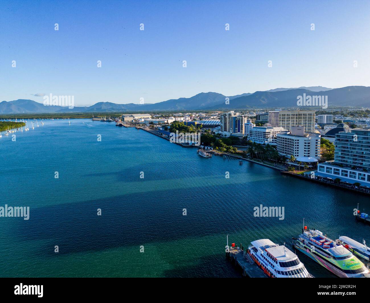 Aerial photo of Cairns biat harbour and cityscape with perfect blue ...