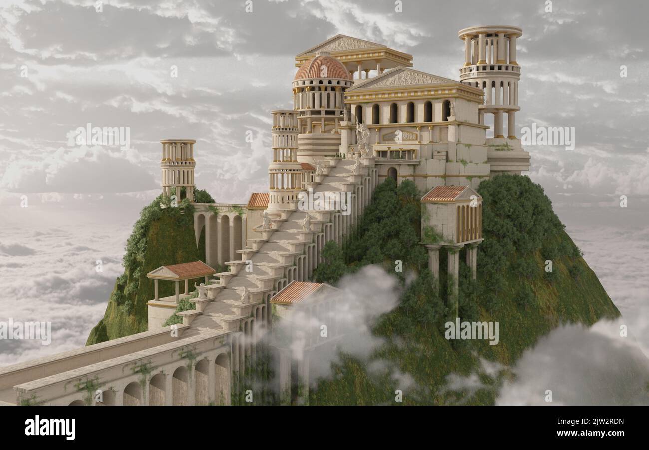 Fantasy 3D Illustration Palace on Mount Olympus Stock Photo - Alamy