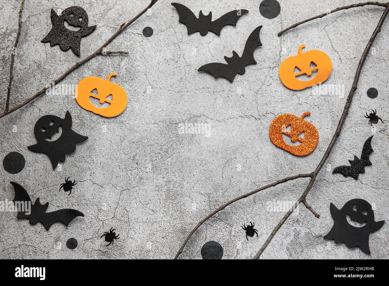 Halloween holiday background with decorations. View from above. Flat ...