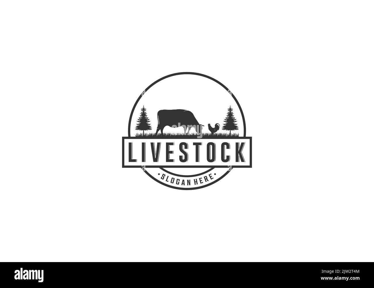 A circular livestock logo with a cow and chicken in the pasture with ...