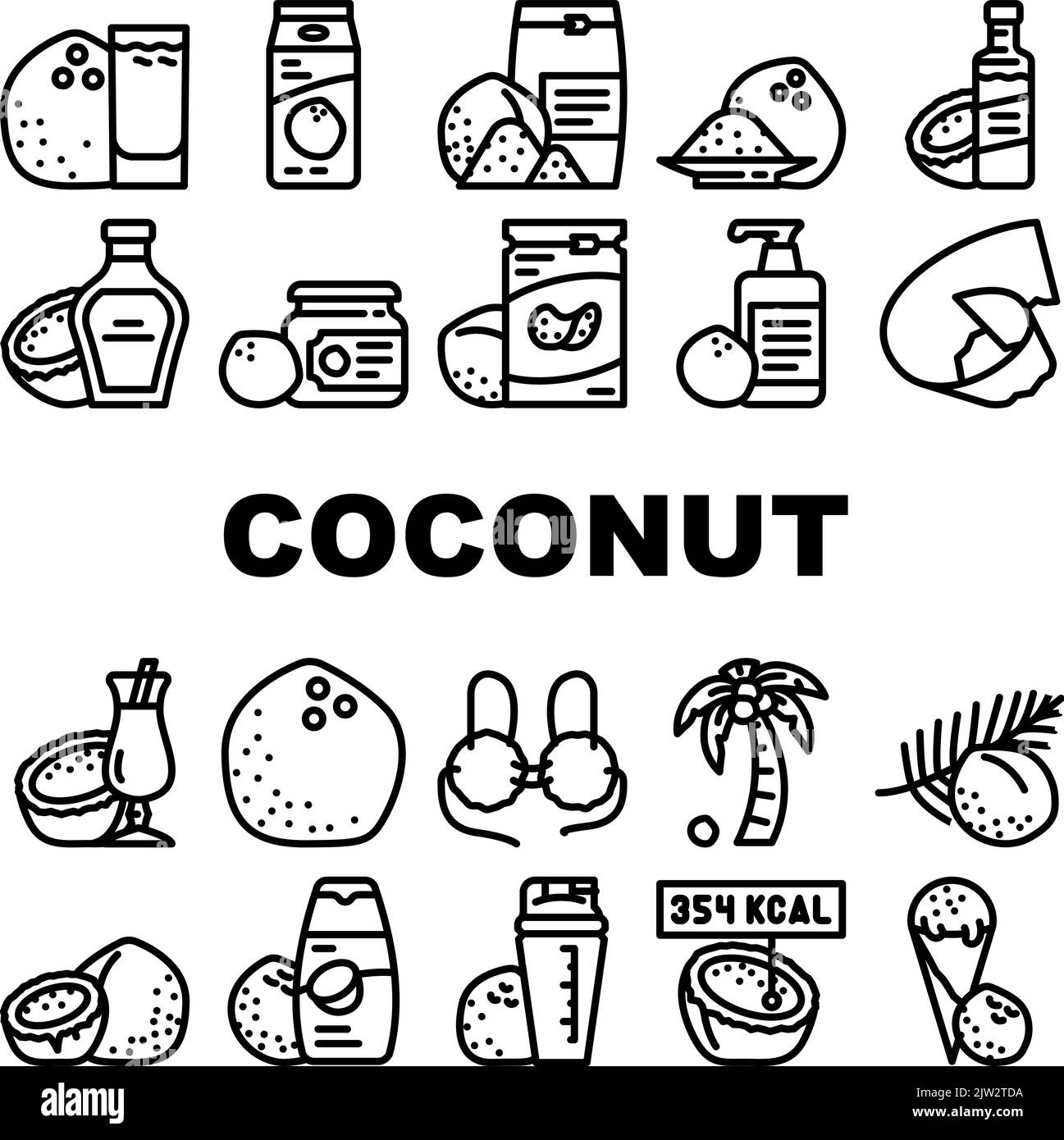 coconut coco fruit white tropical icons set vector Stock Vector Image ...