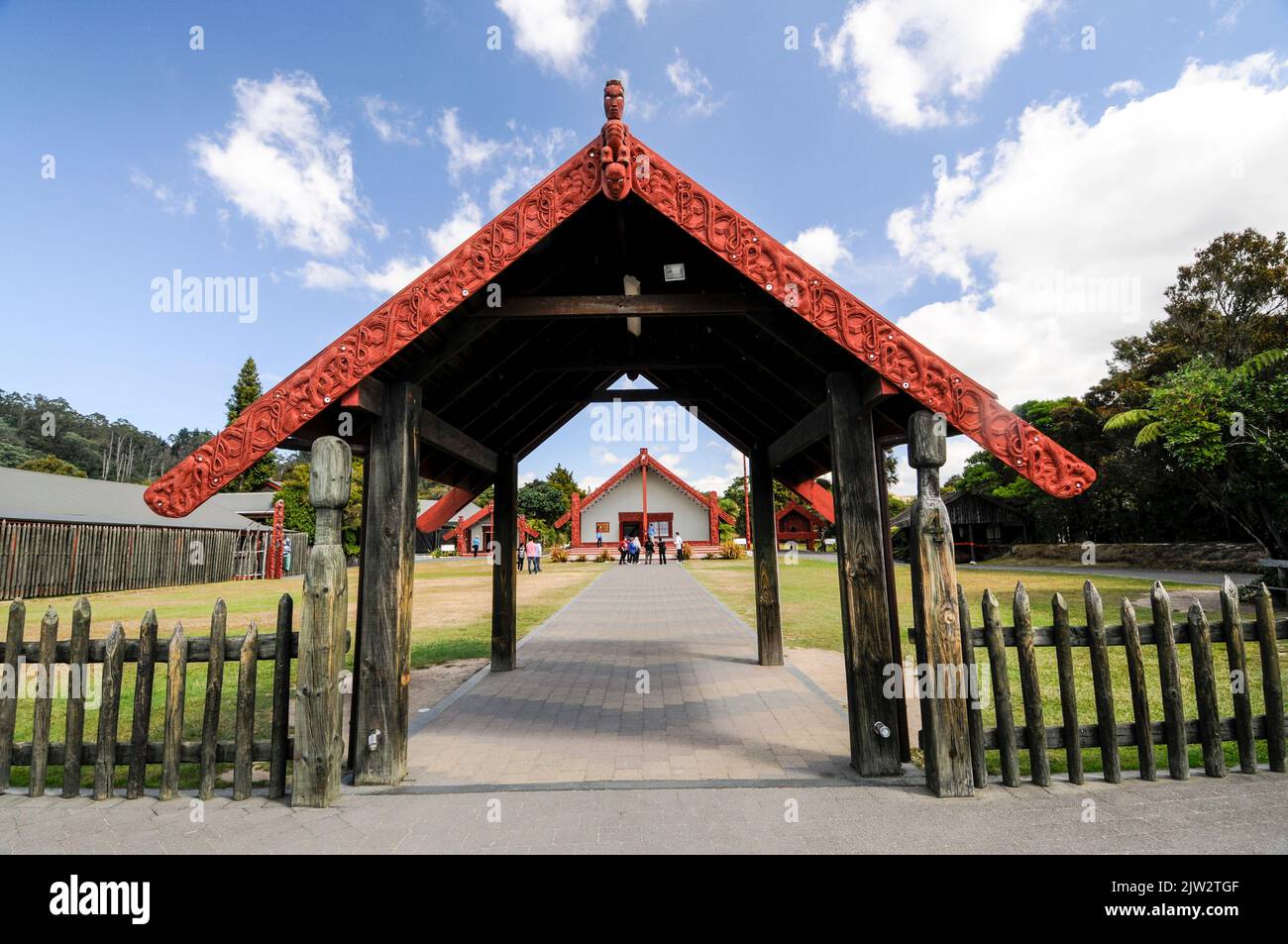 The reconstruction of an archway leading to the Maori Meeting house ...