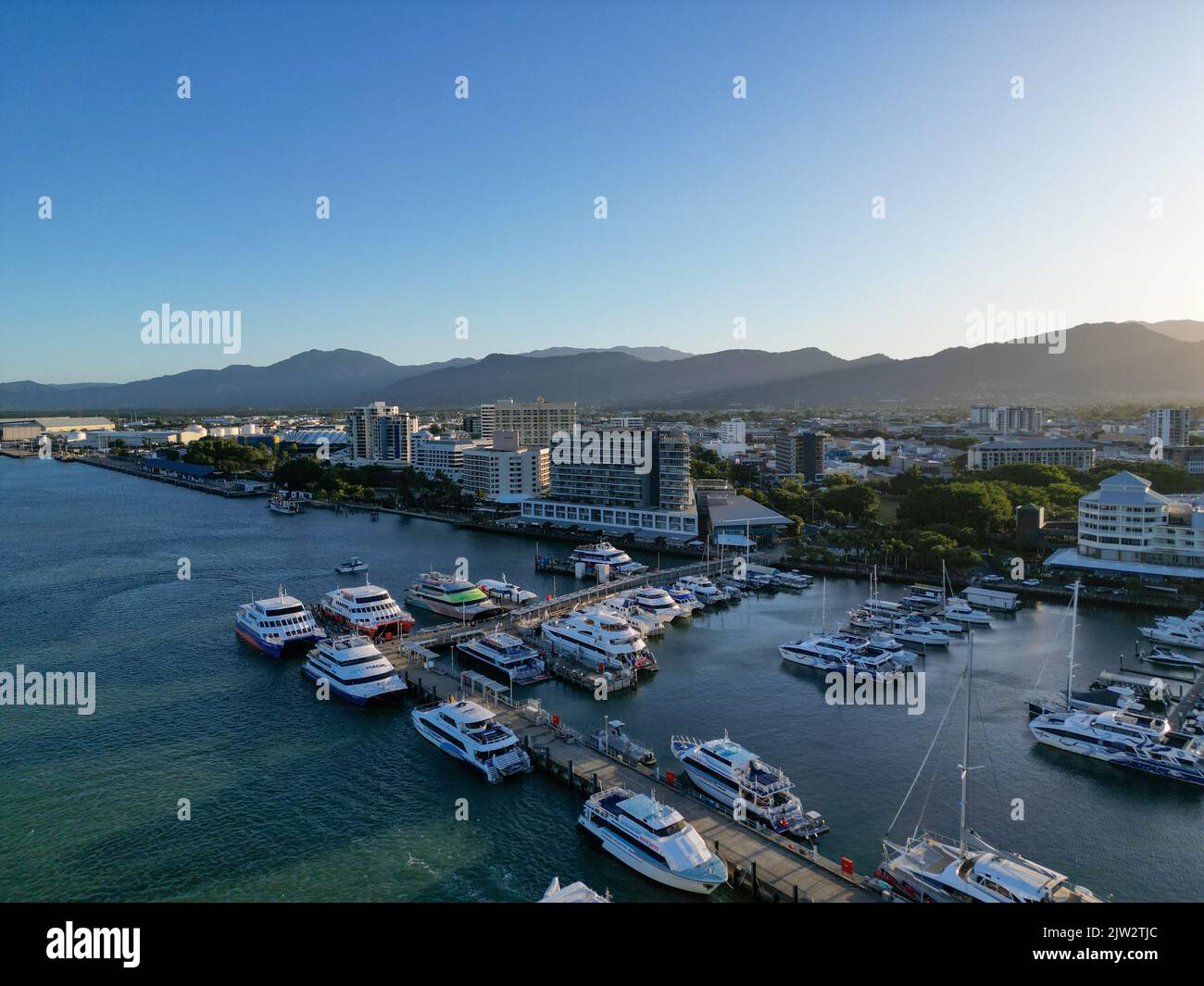 Aerial sunset photo of cairns harbour, esplande and city Stock Photo ...