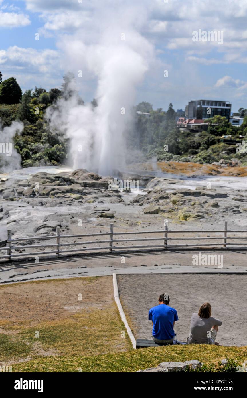 The Pohutu Geyser erupts about once or twice an hour sending about 30 ...