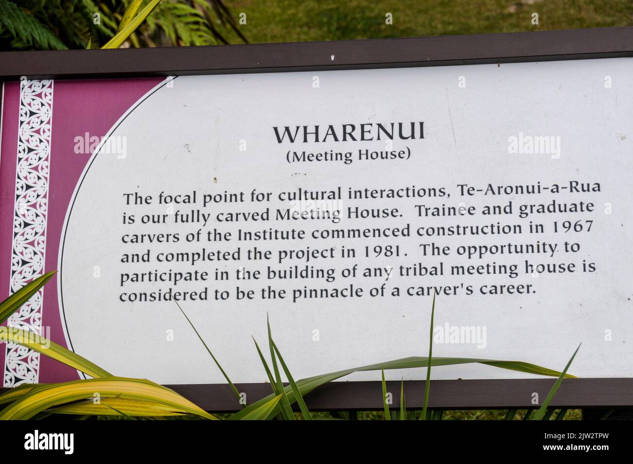 A visitor's information board at the Wharenui (Maori Meeting house) at ...