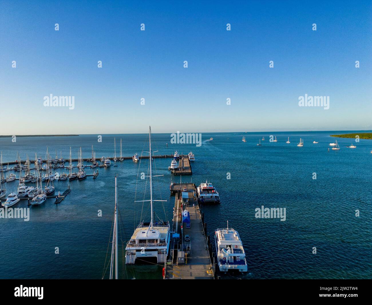 Aerial phpto of boat marina pier with perfect blue water and sky Stock ...