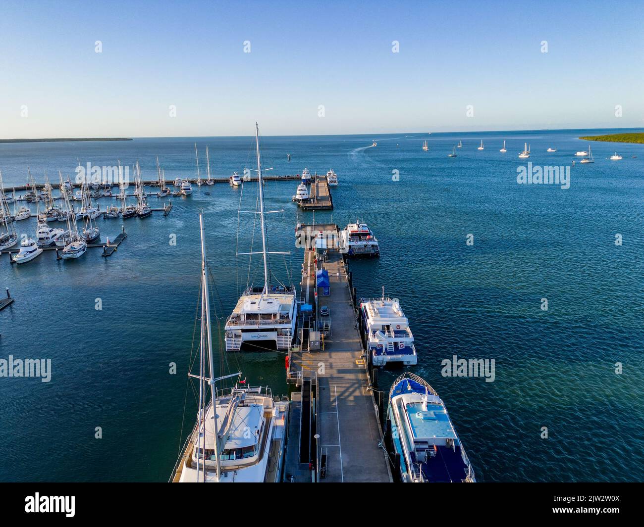 Aerial phpto of boat marina pier with perfect blue water and sky Stock ...