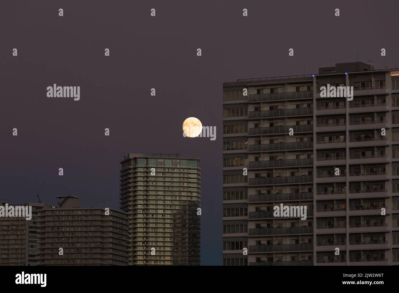 A beautiful view of the full moon near modern buildings in Tokyo, Japan ...
