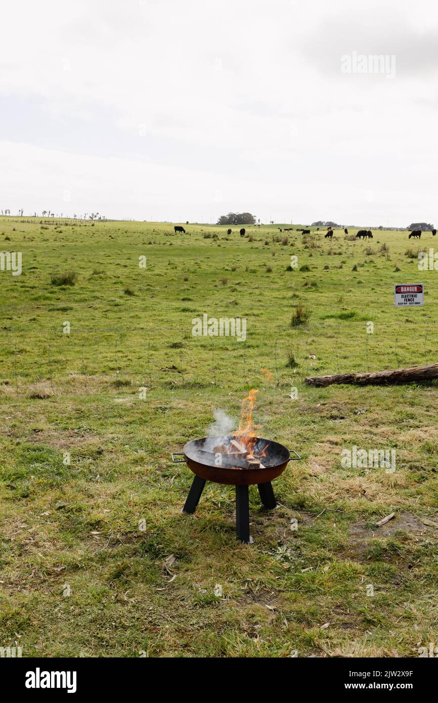 A fire pit on a farm lit with a small fire and eco recycled wood you ...