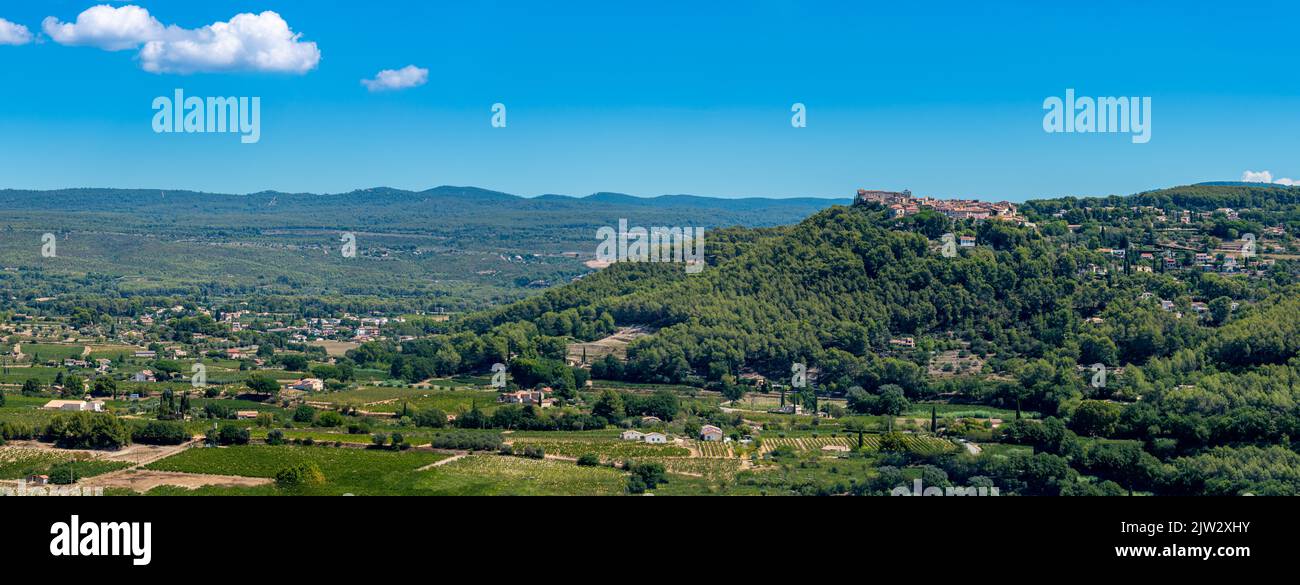 Distant panoramic view of the village of Le Castellet, France, built on ...