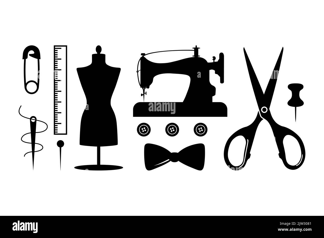 Sewing Equipment Vector Bundle. Scissors, Ruler, Safety Pin, Sewing ...