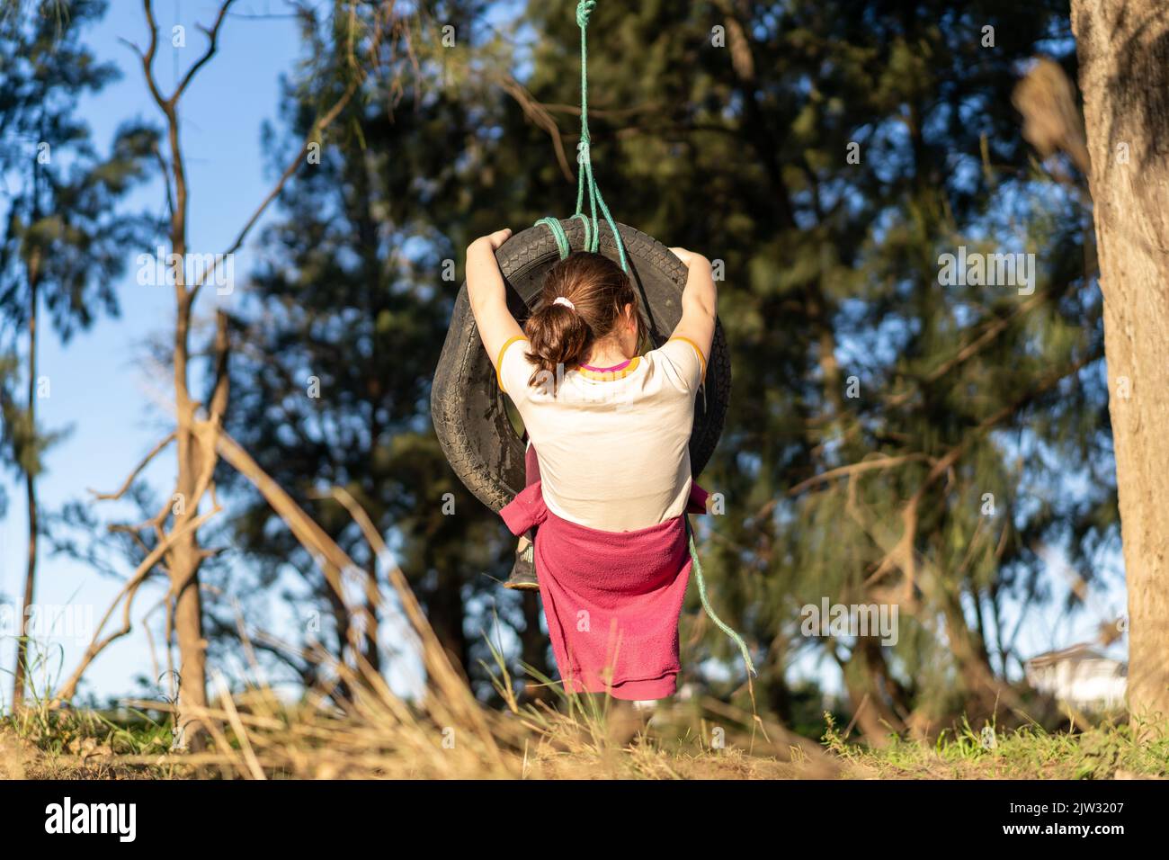 A rear view of a little girl swinging on a wheel with trees and sky in ...