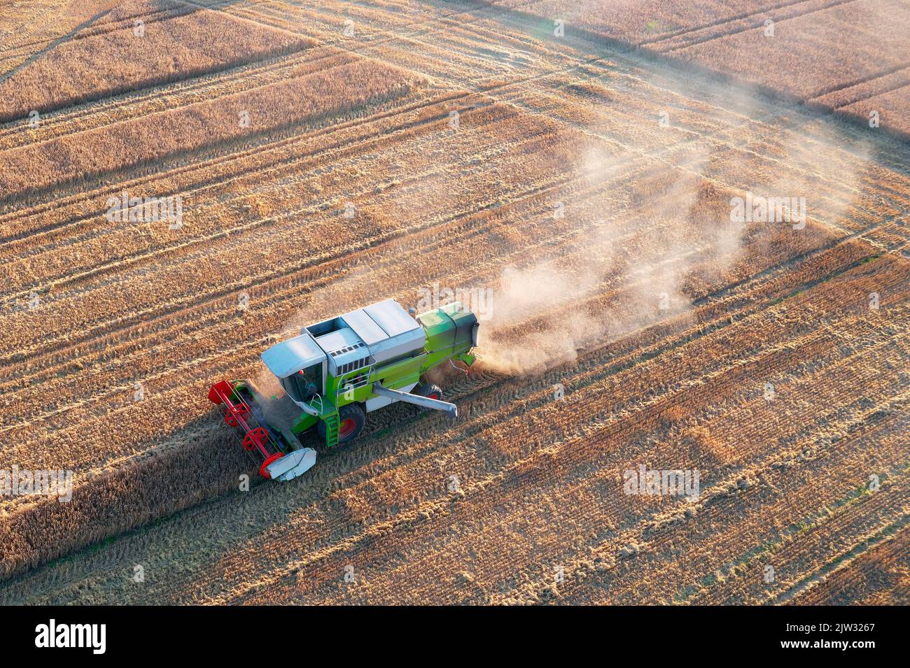 Combine harvester harvesting crops during sunset in Scotland Stock ...