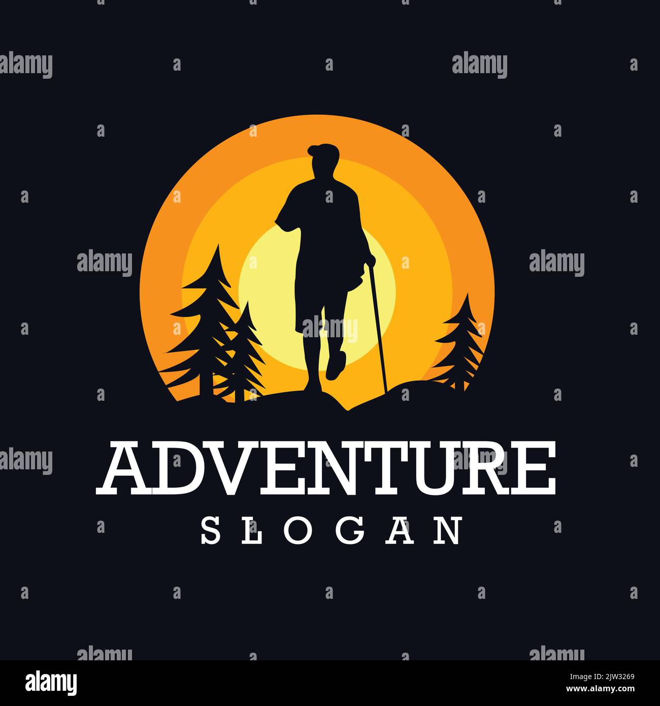 An adventure logo with a sunset in a circle and a walking man's ...
