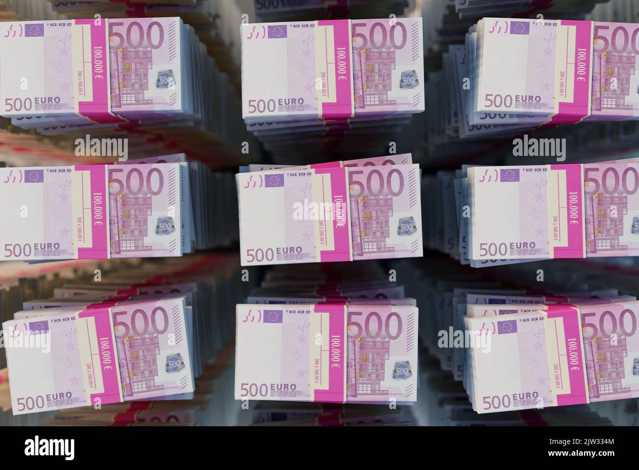 3D Illustration, Stacked Bundles of five hundred Euro Bills Stock Photo ...