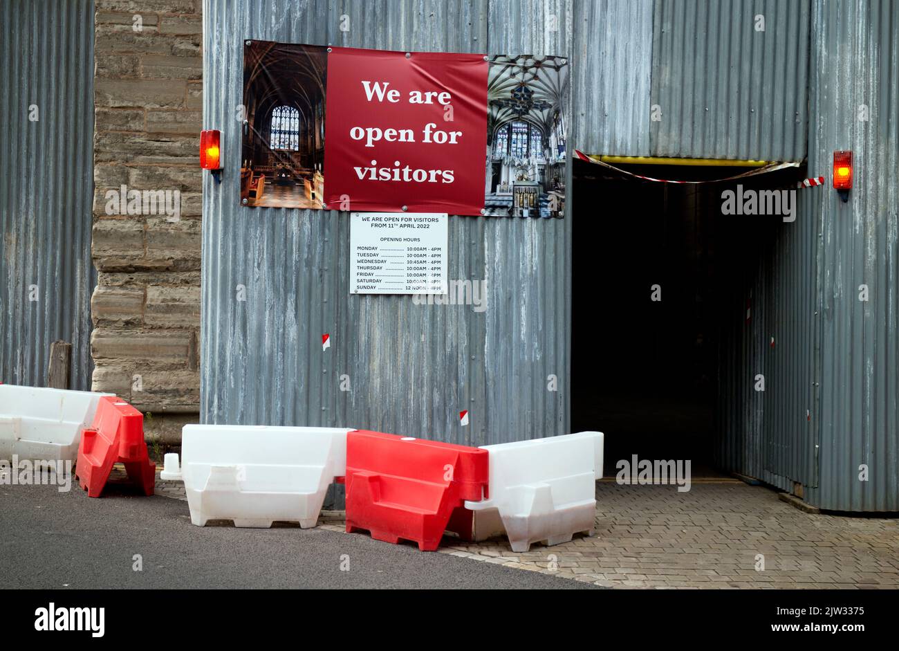 Sign at St. Mary`s Church during tower maintenance work, Warwick ...