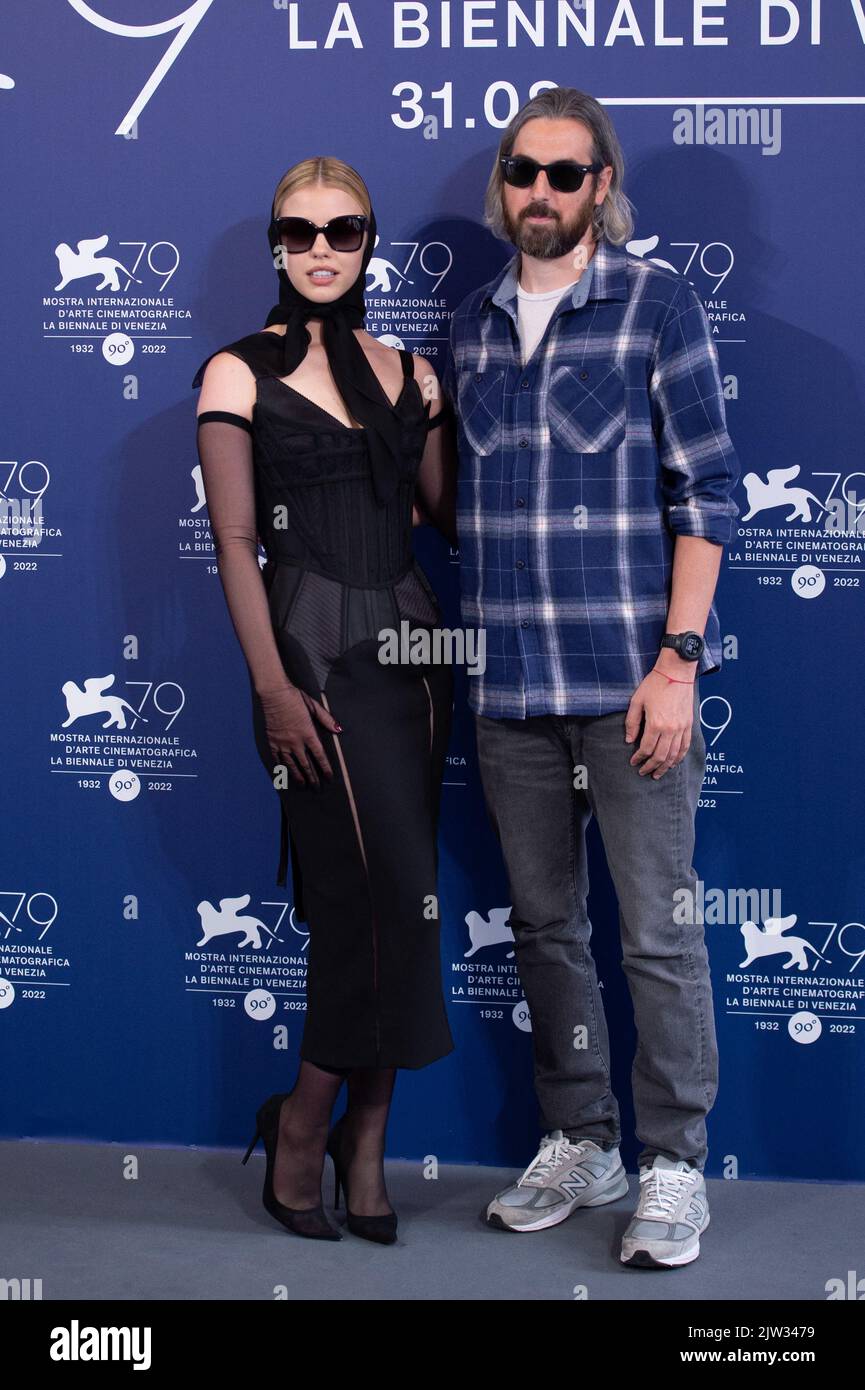 Mia Goth and Ti West arriving at the Pearl Photocall during the 79th Venice International Film ...