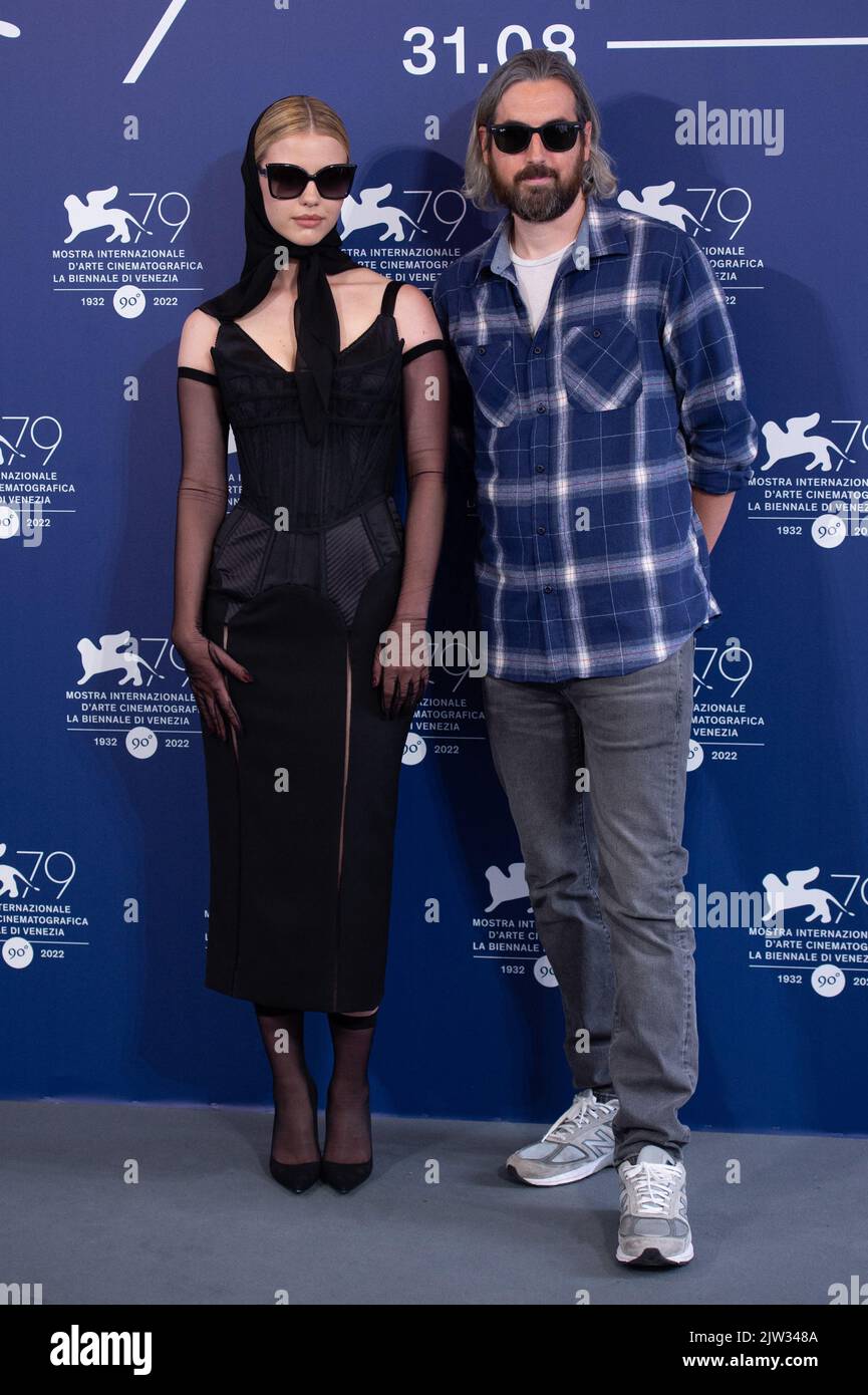 Mia Goth and Ti West arriving at the Pearl Photocall during the 79th Venice International Film ...