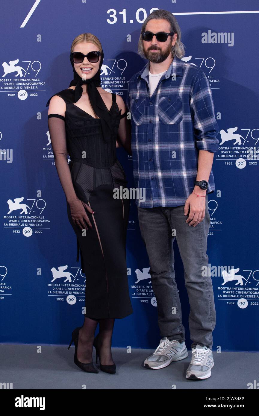 Mia Goth and Ti West arriving at the Pearl Photocall during the 79th Venice International Film ...