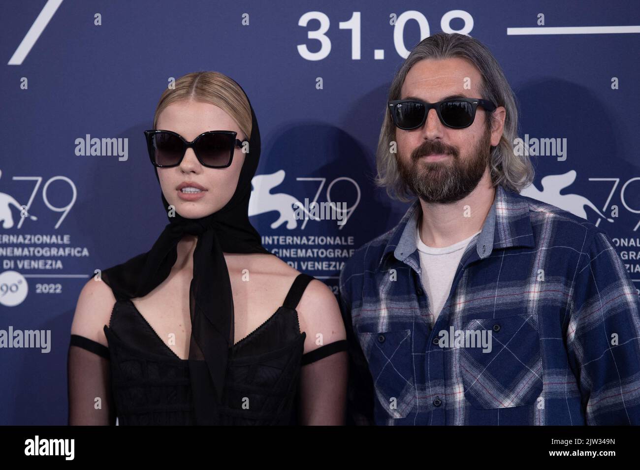 Mia Goth and Ti West arriving at the Pearl Photocall during the 79th Venice International Film ...
