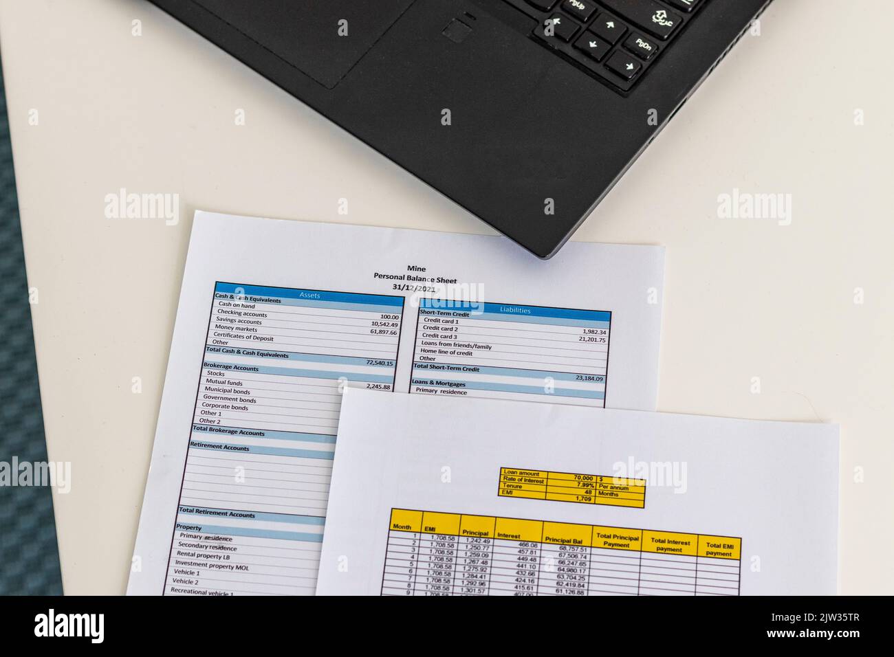 Close up shot of a print outs of excel table of a bank loan ...