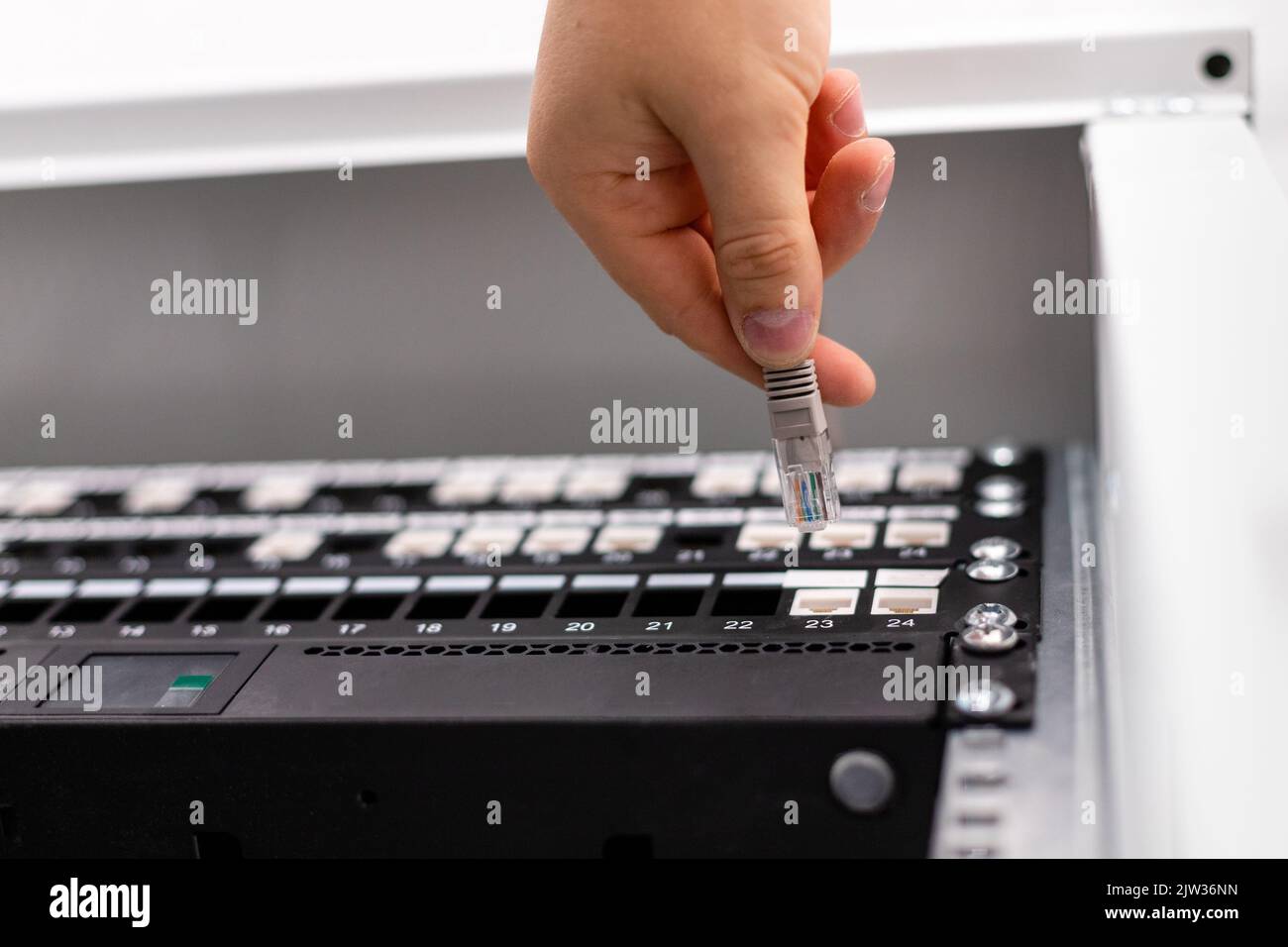 Man works with telecommunications. IT consultant connects network cable into switch in ...