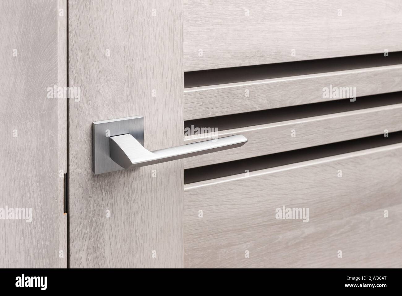 Close up of stylish metal door knob on modern interior door. Silver ...