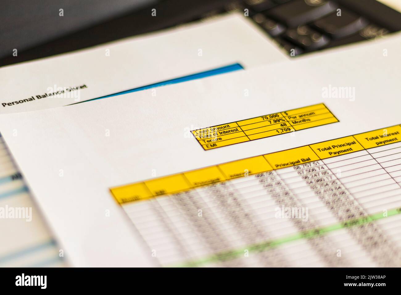 Close up shot of a print outs of excel table of a bank loan ...