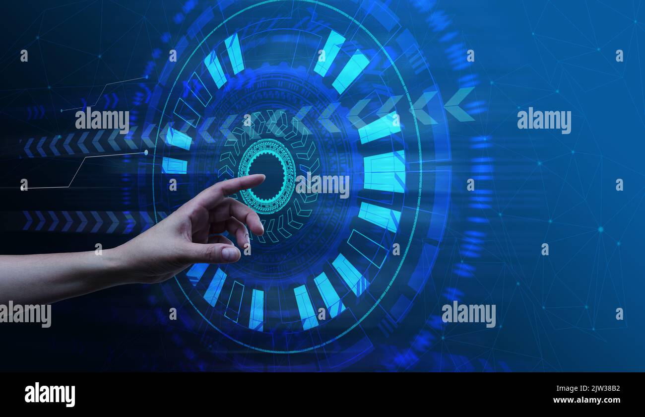 Virtual start button on the holographic screen, starting a business and ...