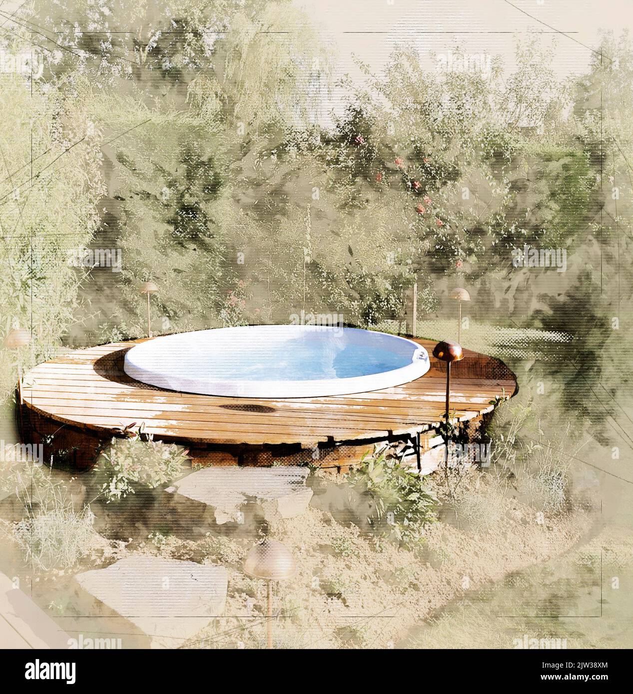 Illustration Sketch of a Beautiful outdoor jacuzzi in the backyard ...