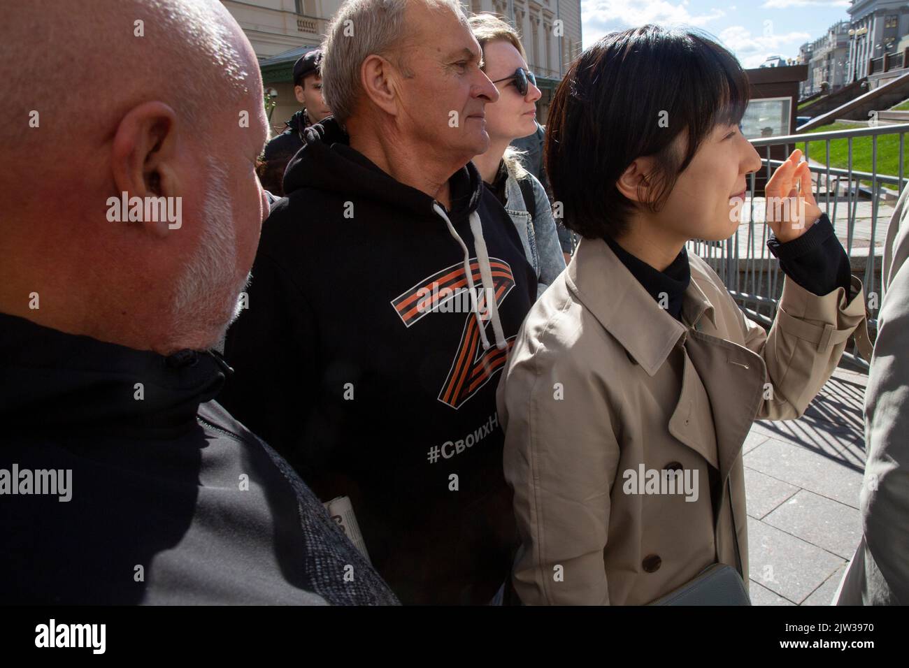 Moscow, Russia. 3rd of September, 2022. A man with sing "Z" is seen in ...