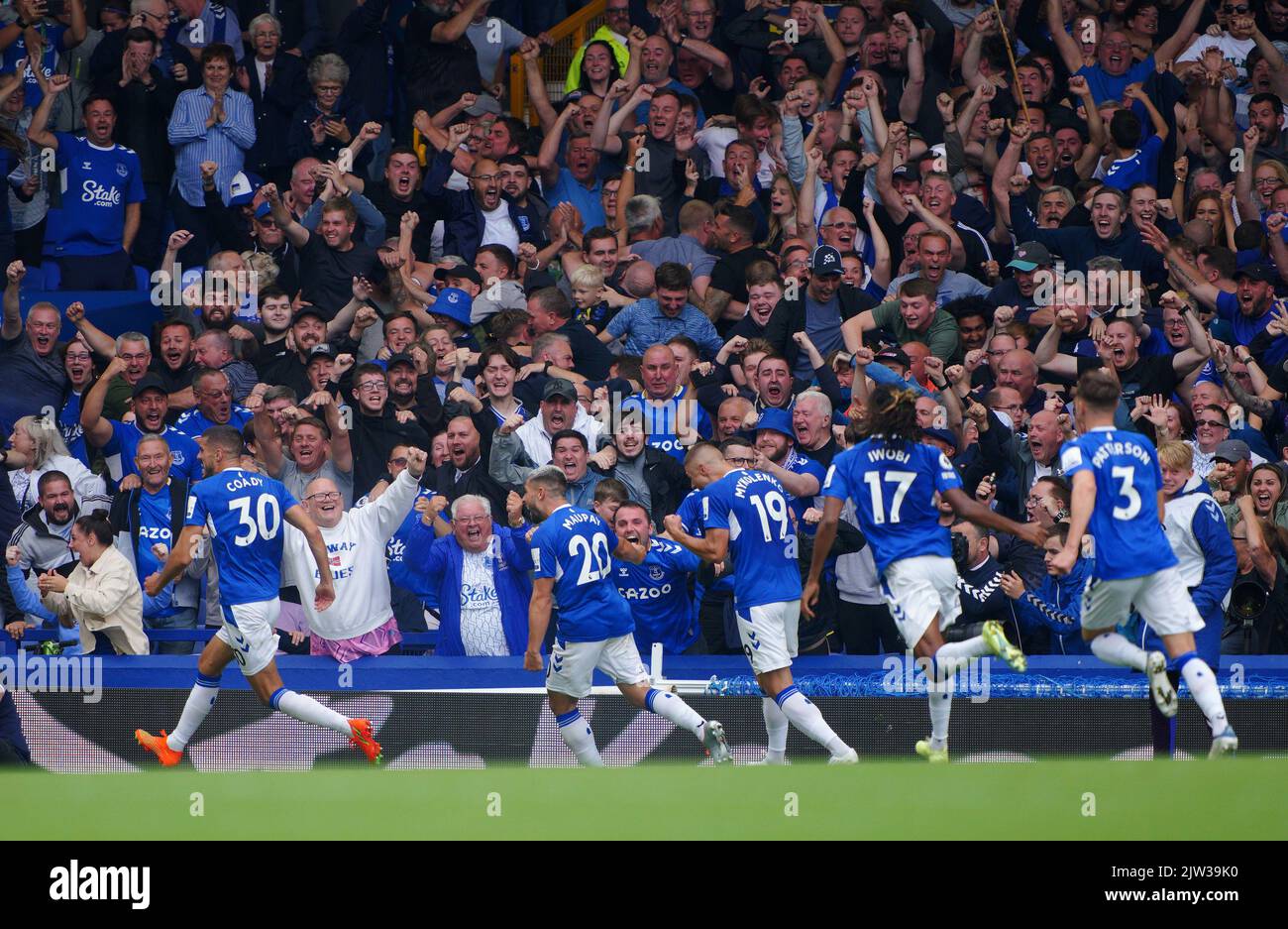 Everton's Conor Coady (left) celebrates a goal that is ruled offside ...