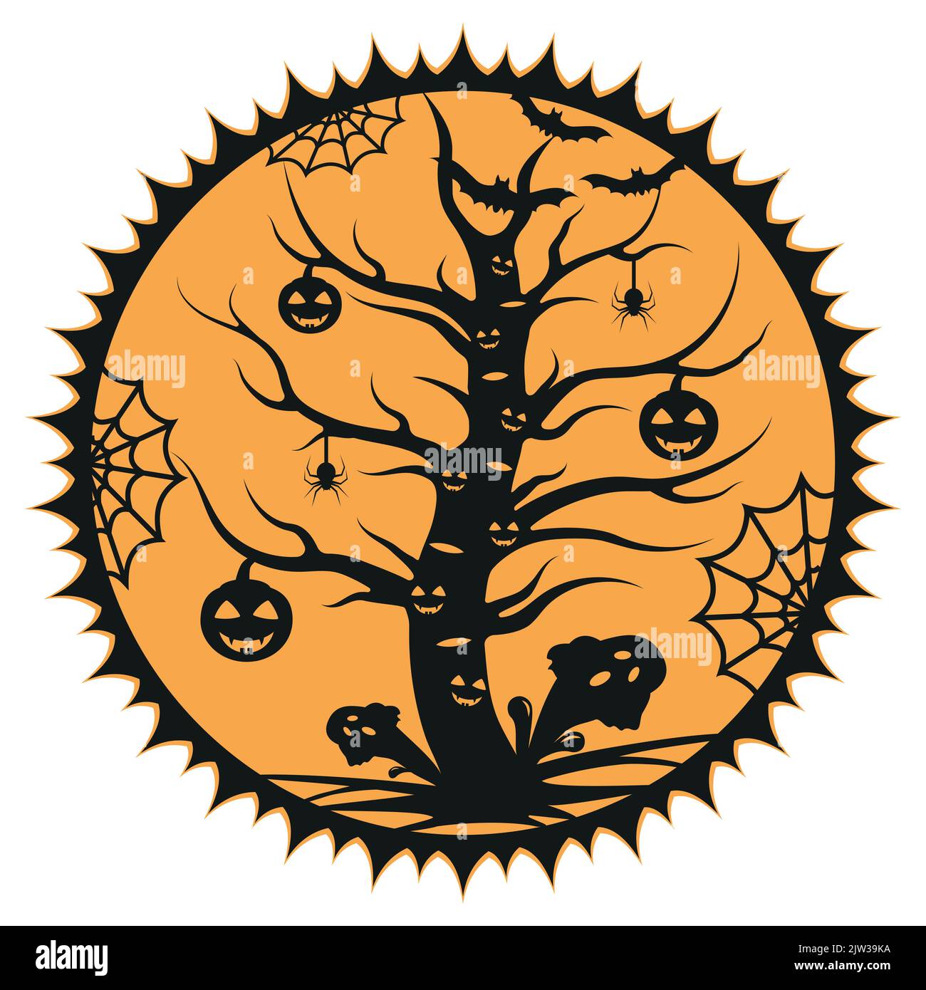 Scary Halloween Tree With Hanging Pumpkin, Vector isolated illustration ...