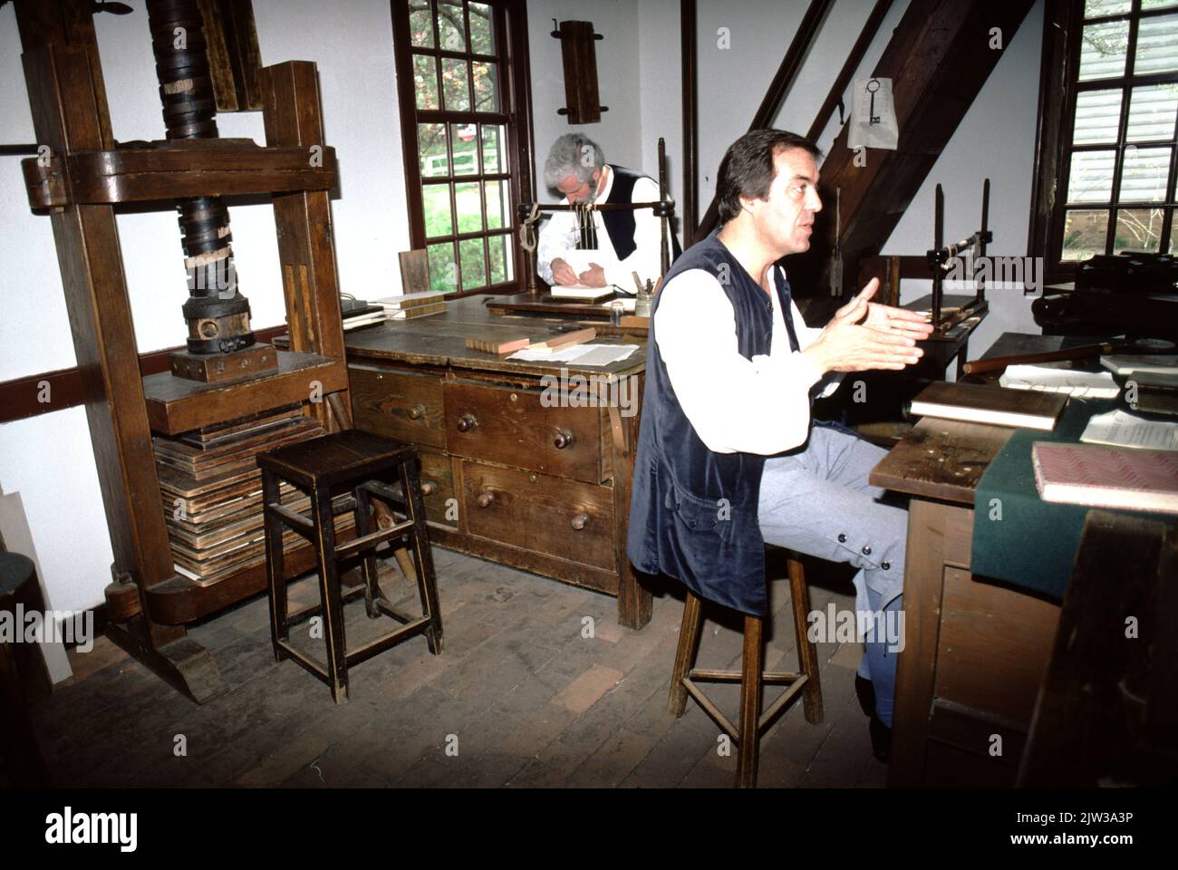 Williamsburg, CA. U.S.A. 9/1987. Colonial printer and binder Stock ...