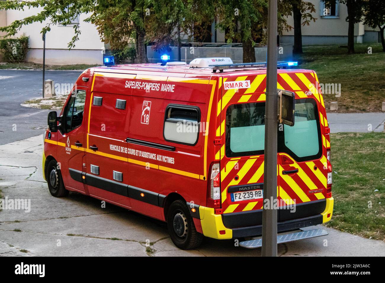 Reims, France - September 03, 2022 Fire engine driving through the ...