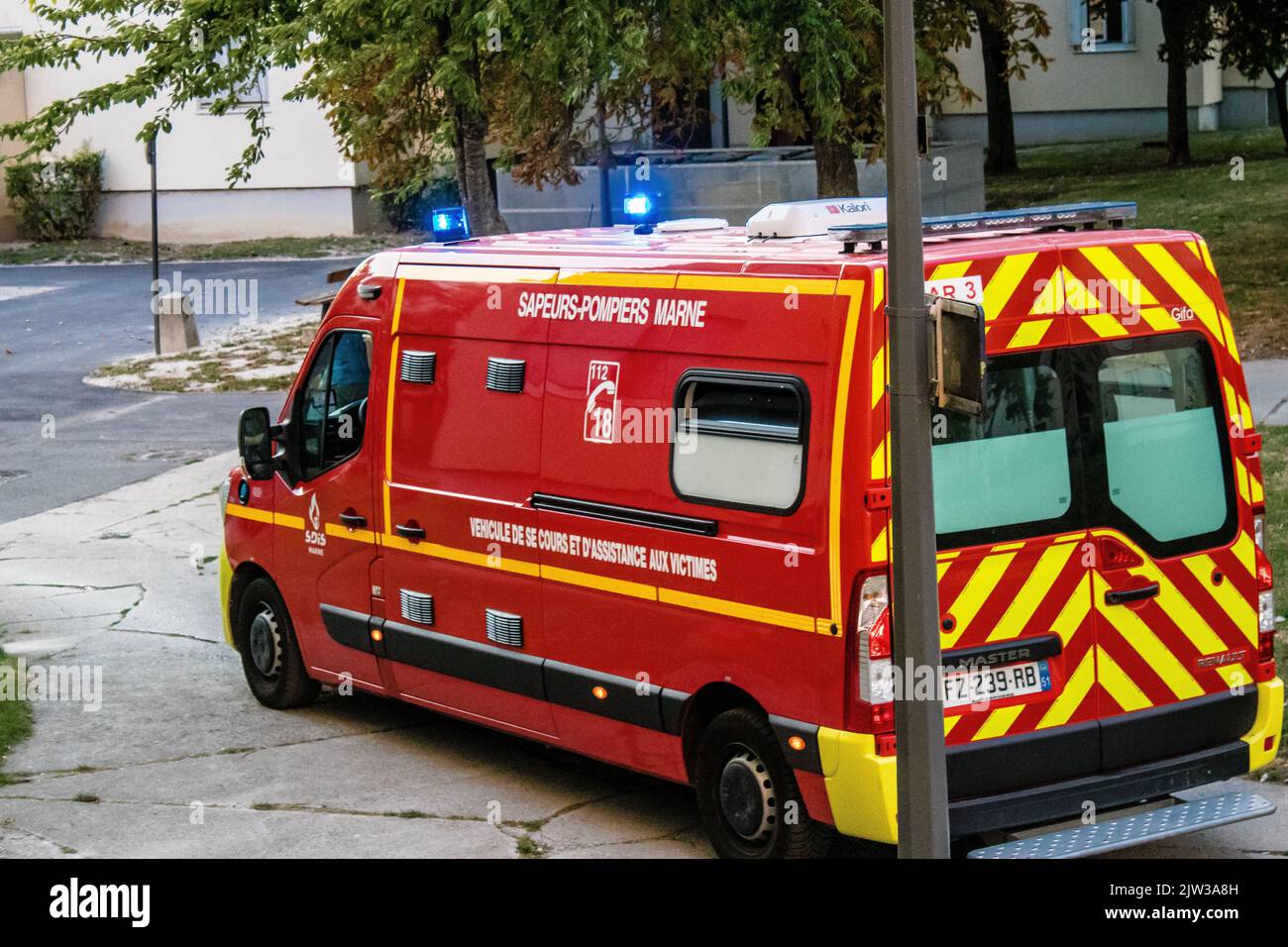 Reims, France - September 03, 2022 Fire engine driving through the ...