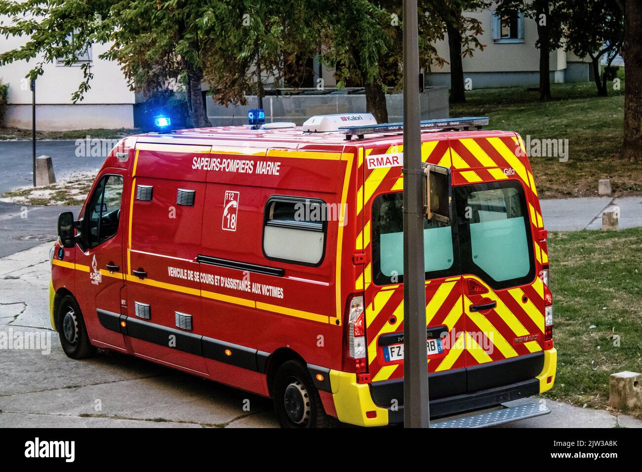 Reims, France - September 03, 2022 Fire engine driving through the ...