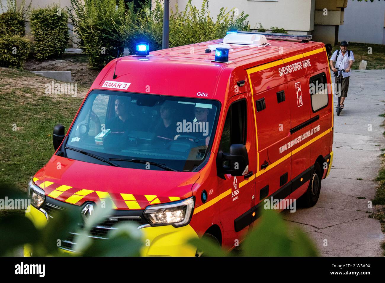 Reims, France - September 03, 2022 Fire engine driving through the ...