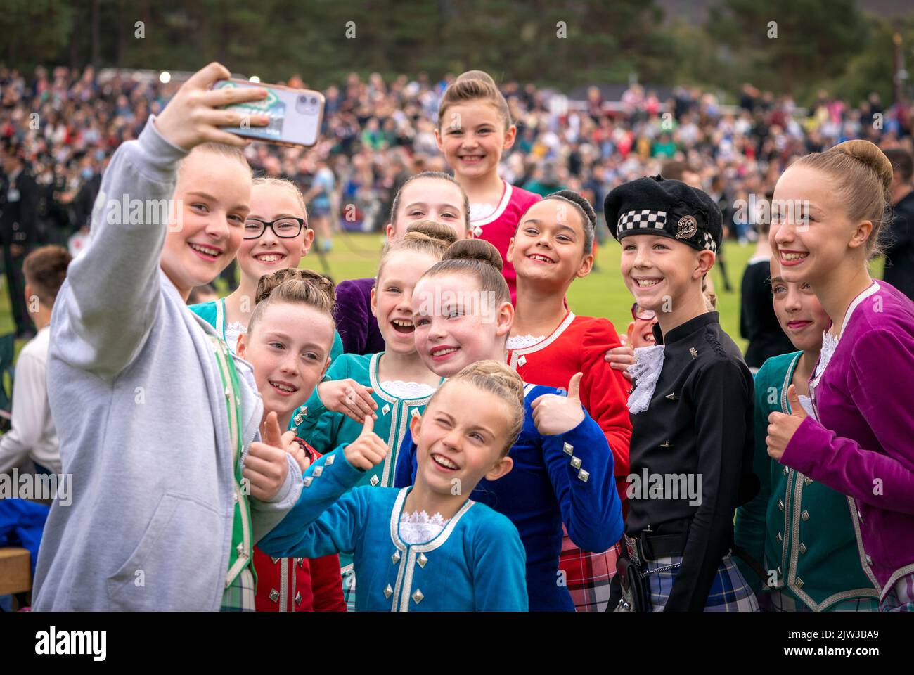 Highland Dancers pose for a selfie during the Braemar Royal Highland ...