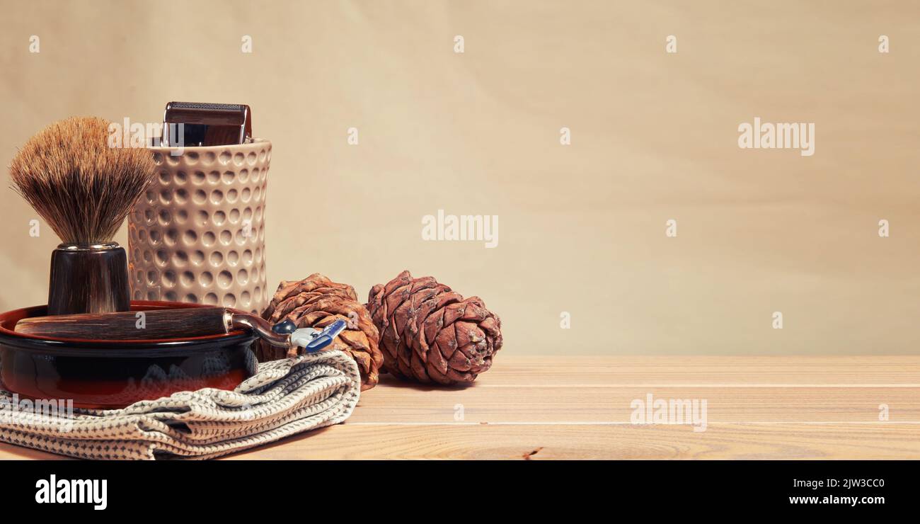 Banner with shaving equipment, razor blade, trimmer on the salon ...