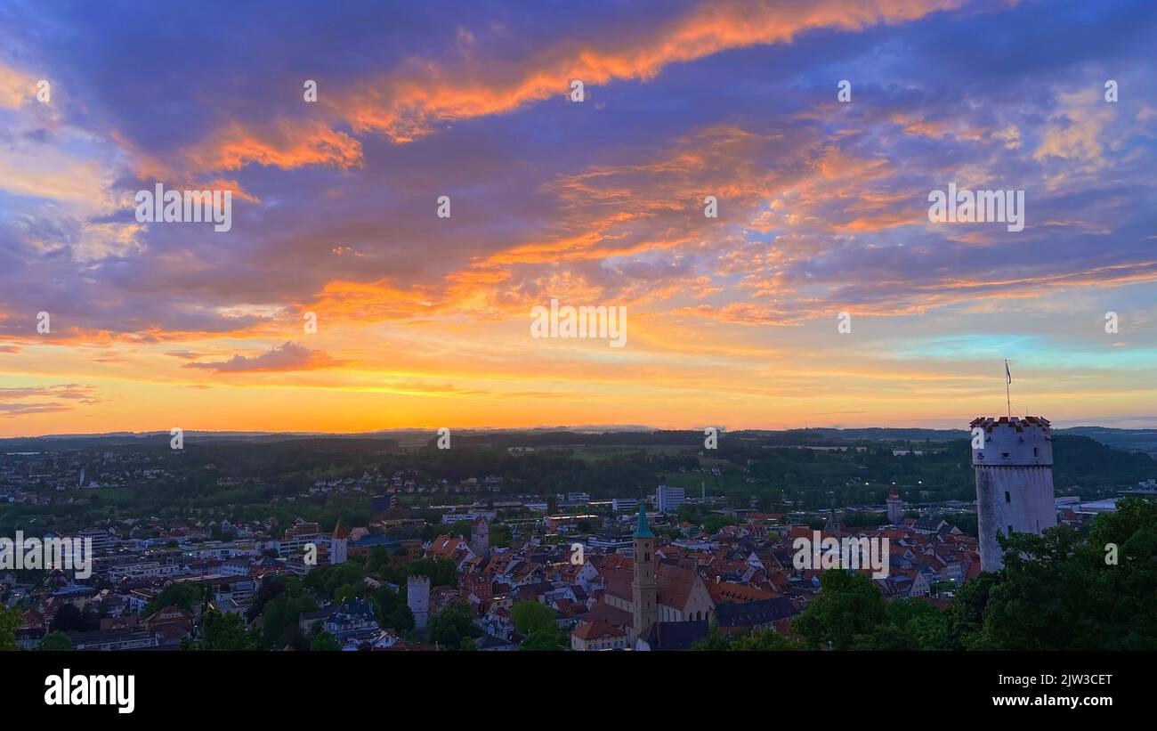 An aerial view of the Mehlsack tower in Ravensburg against a cloudy sky ...