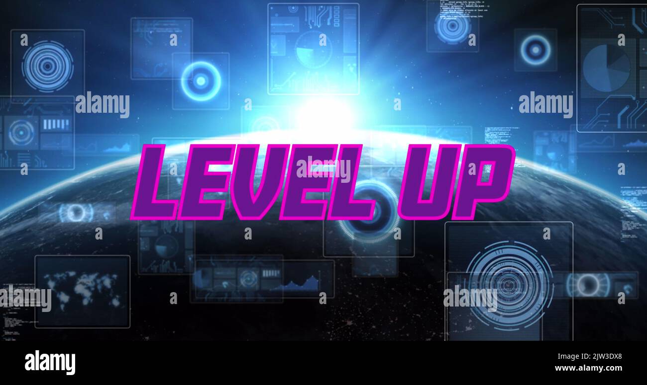 Image of level up text and data processing with globe on black ...