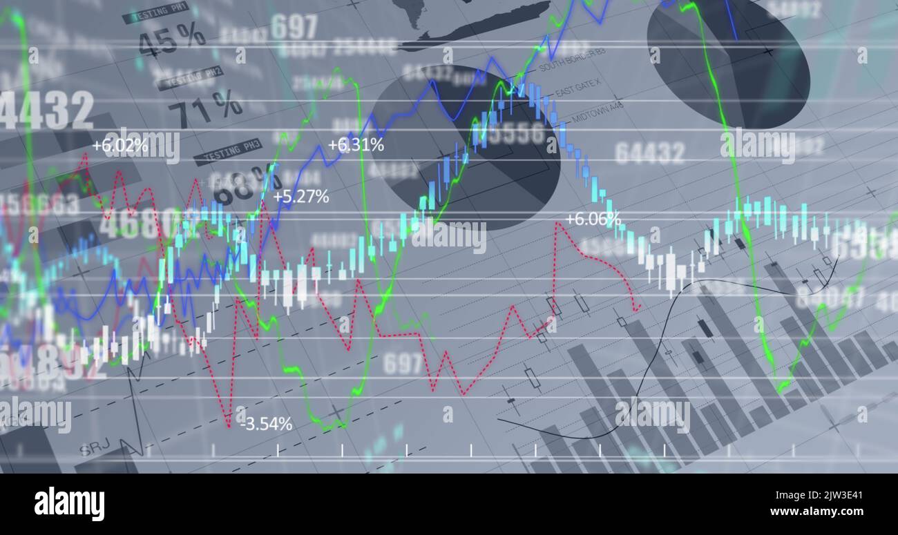 Image of graphs and financial data over grey background Stock Photo - Alamy