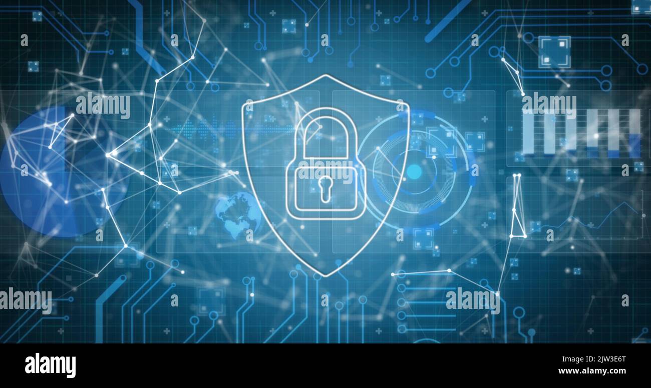 Image of connections, data and digital shield with padlock on blue ...