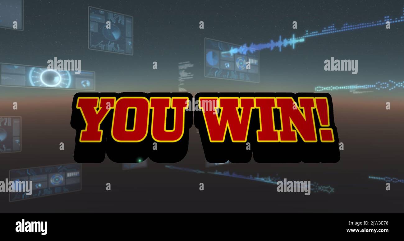 Image of you win text and data processing on black background Stock ...