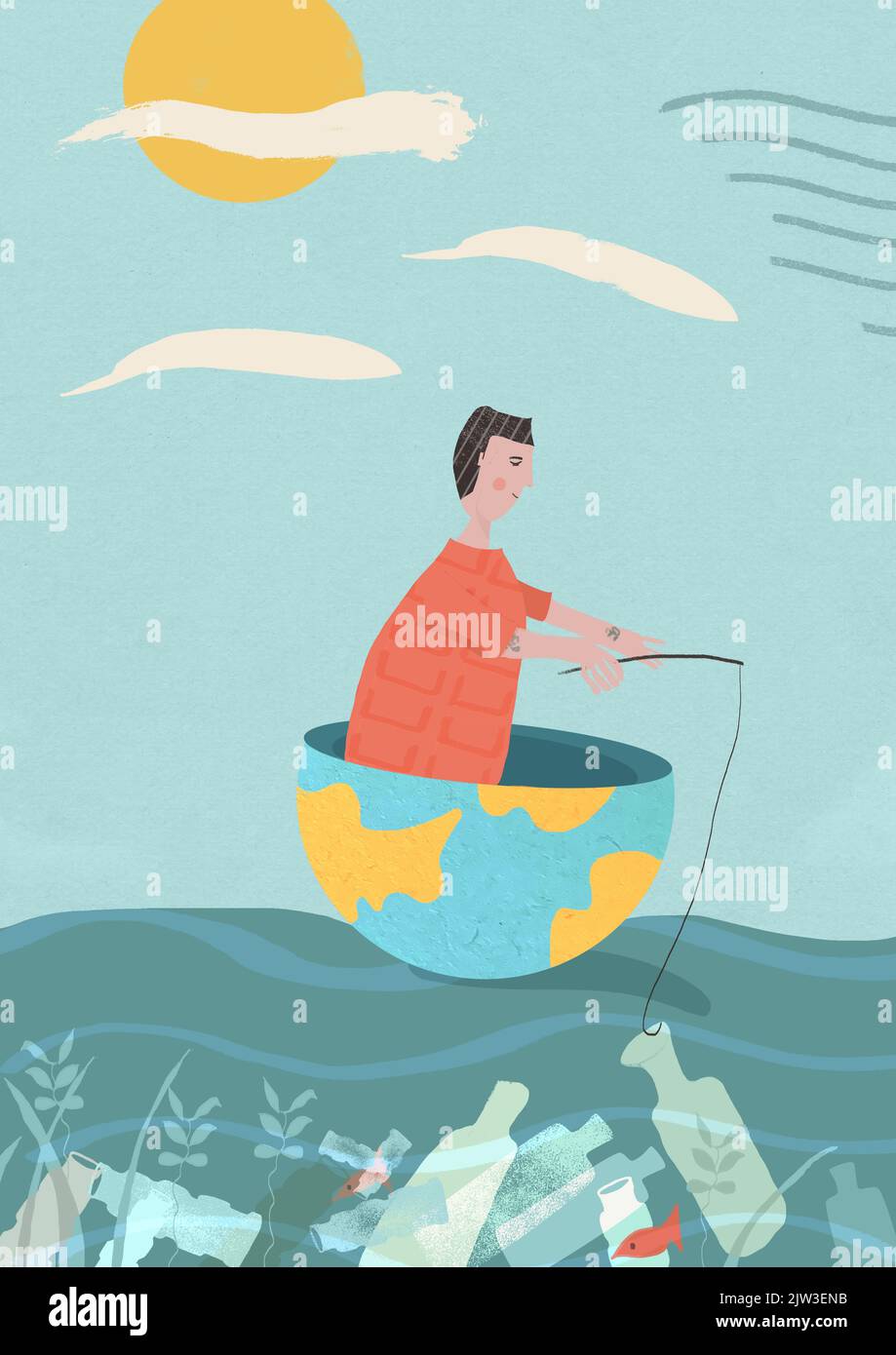 Conceptual Editorial illustration of a man fishing - highlighting the ...