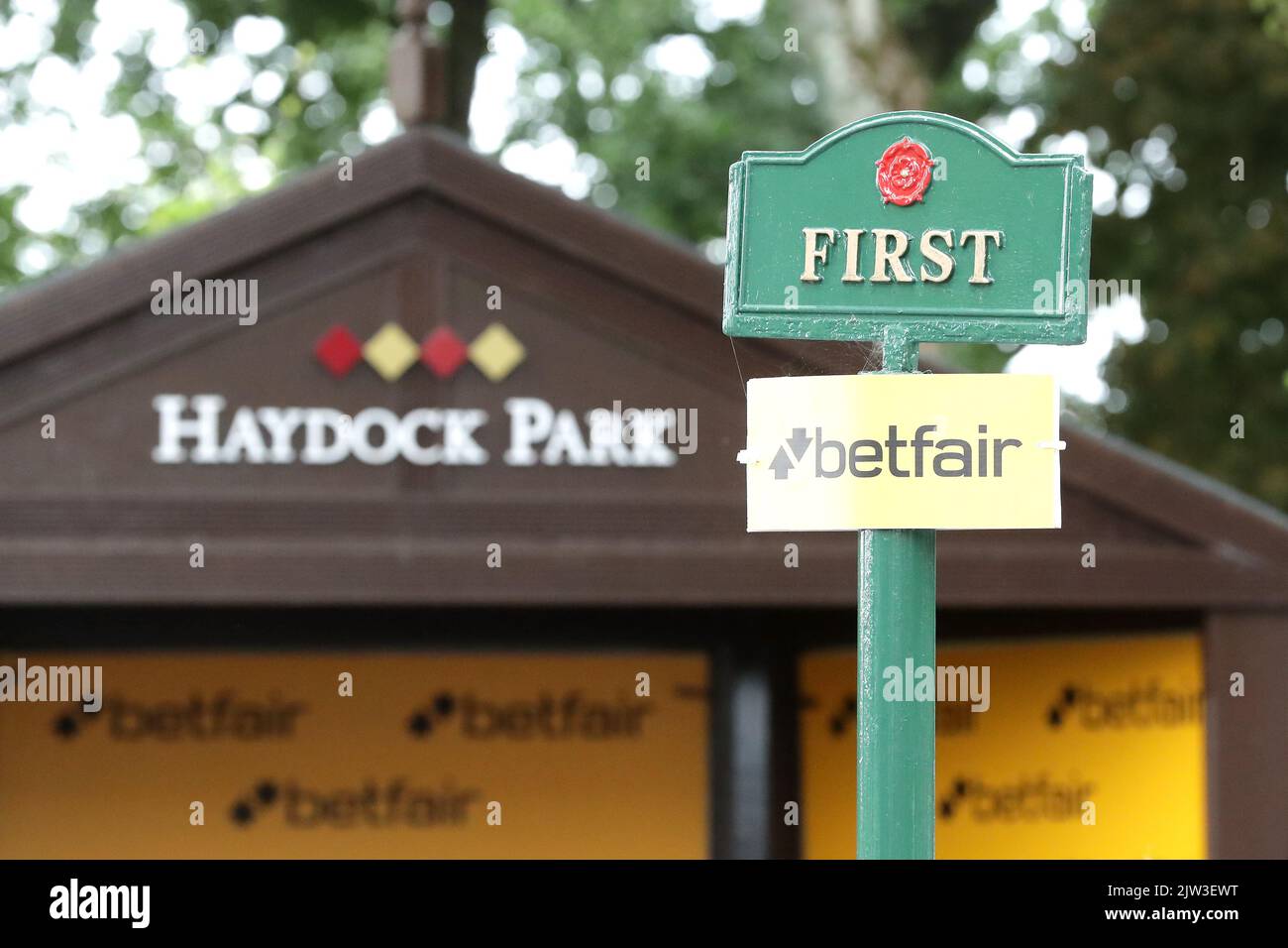 General view of the signage at Haydock Park racecourse. Picture date ...